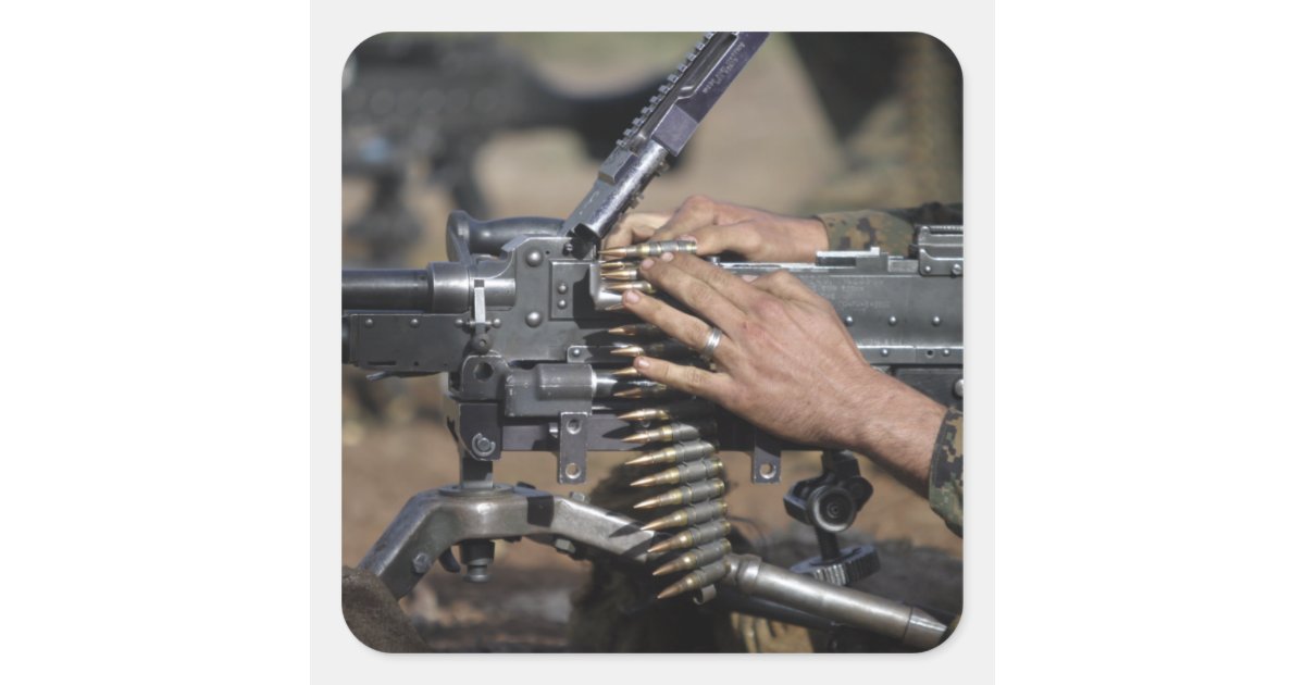 A Marine loads a M-240G machine gun Square Sticker | Zazzle