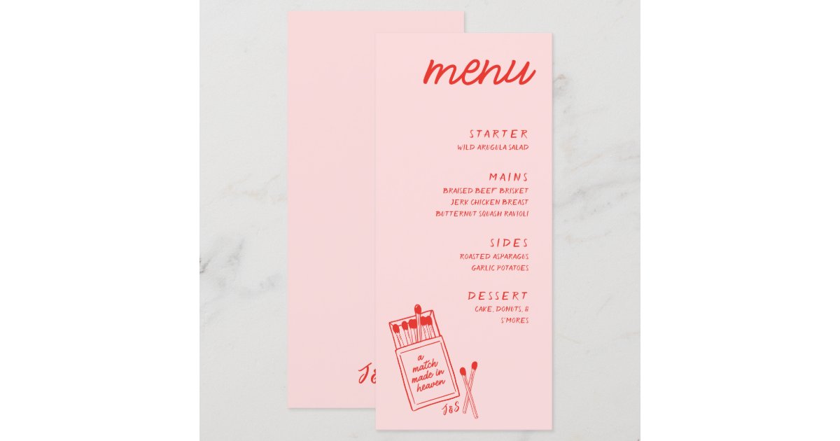 A Match Made in Heaven Pink Wedding Dinner Menu | Zazzle