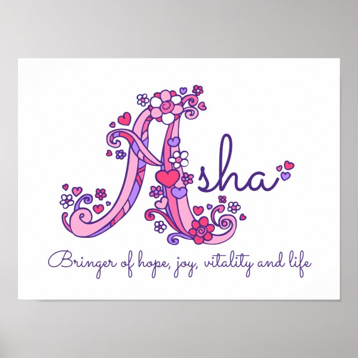 A monogram art Asha girls name meaning poster | Zazzle