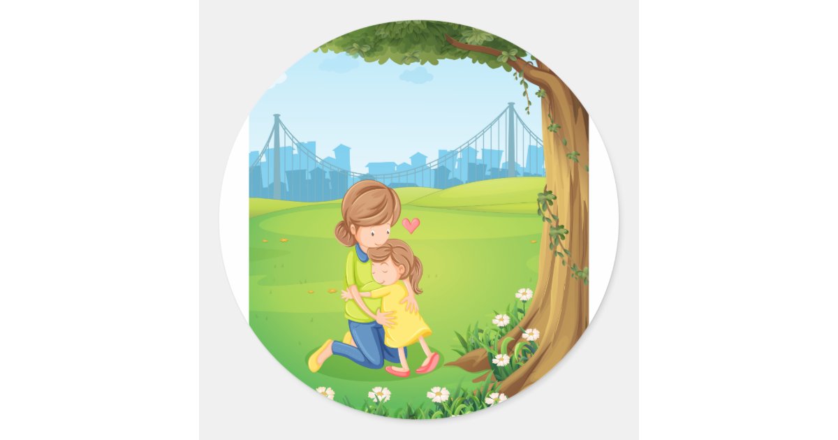 A mother hugging her daughter under the tree classic round sticker | Zazzle