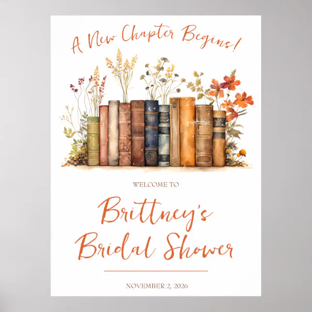 A New Chapter Begins! Autumn Floral Bridal Shower Poster | Zazzle