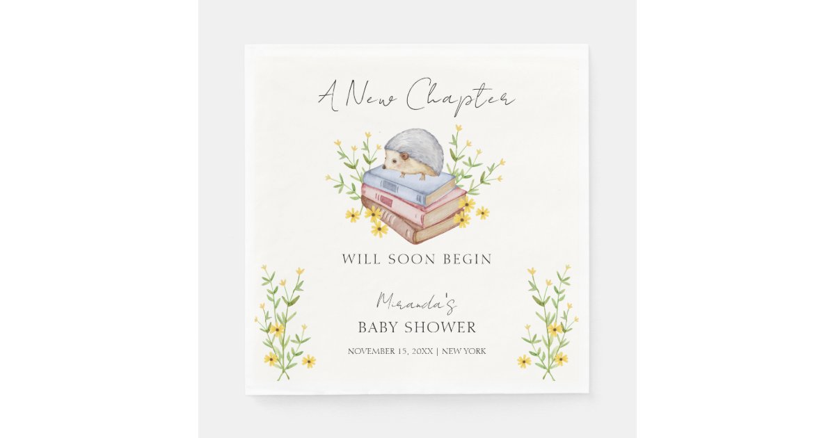 A New Chapter Begins Floral Hedgehog Baby Shower Napkins | Zazzle