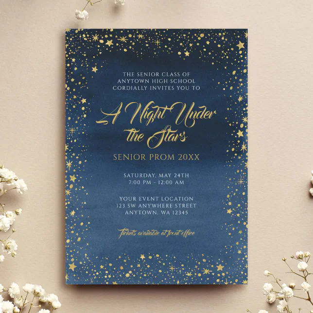 A Night Under the Stars Gold Navy Blue Prom Invitation | Zazzle
