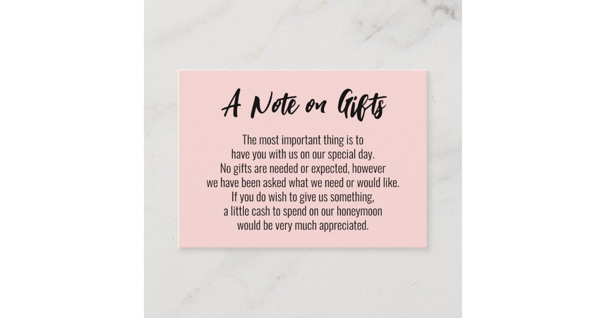 A Note on Gifts Casual Handwriting Wedding, Pink Enclosure Card | Zazzle