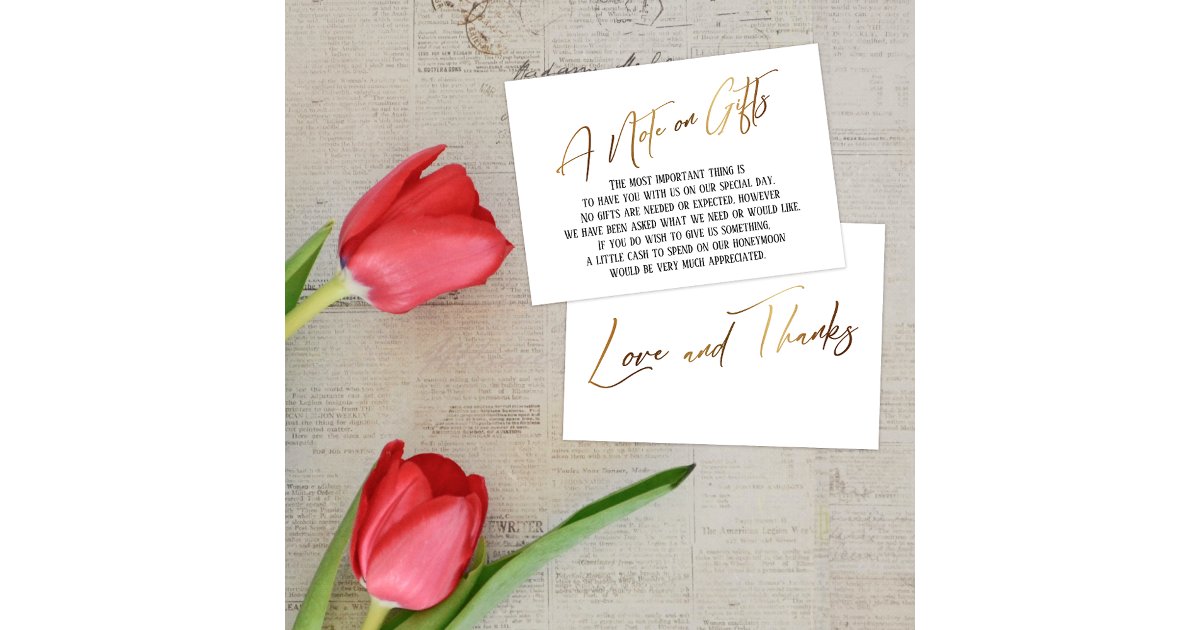 A Note on Gifts Gold Modern Handwriting Wedding Enclosure Card | Zazzle