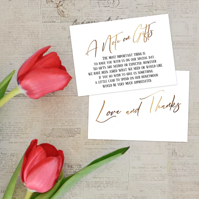 A Note on Gifts Gold Modern Handwriting Wedding Enclosure Card | Zazzle