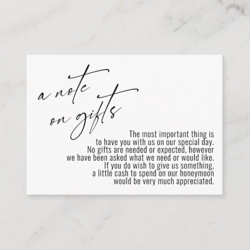 A Note on Gifts Modern Handwriting Wedding White Enclosure Card | Zazzle