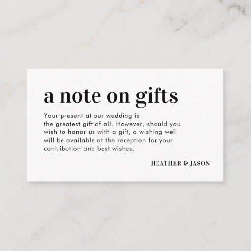 A Note on Gifts Modern Wedding Wishing Well Enclosure Card | Zazzle