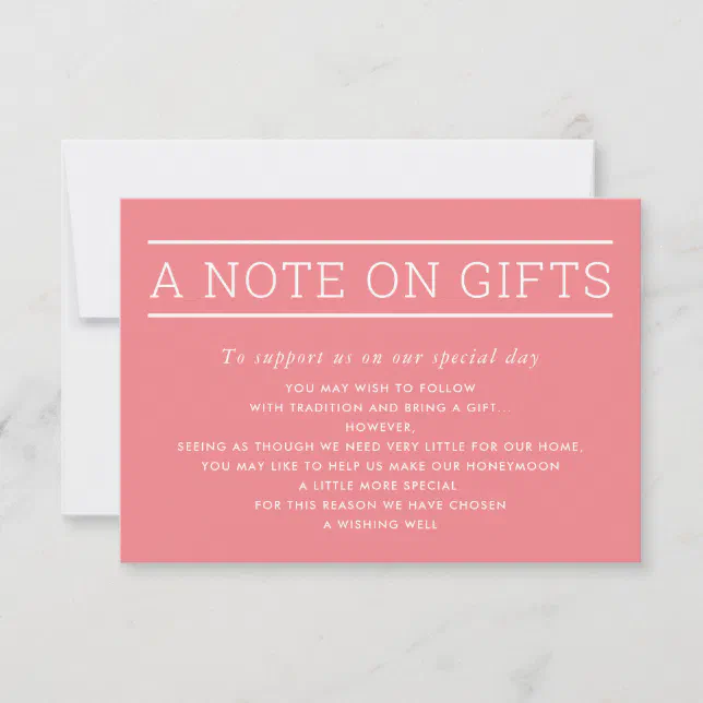 A NOTE ON GIFTS simple modern type coral pink Invitation | Zazzle