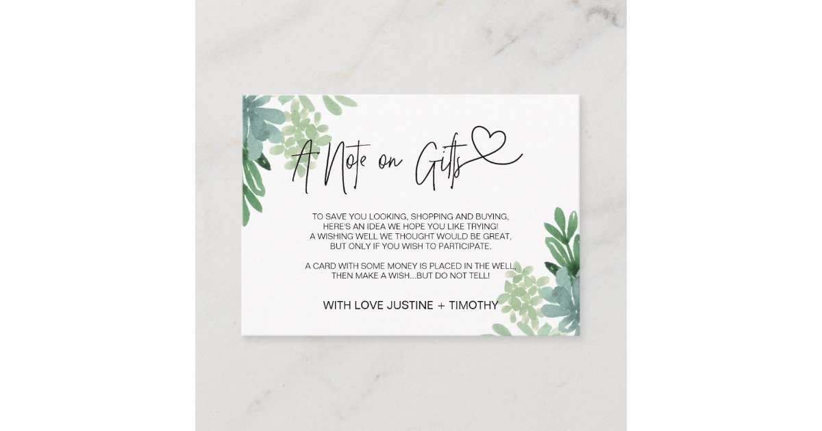 A Note on Gifts Wedding Wishing Well Succulent Enclosure Card | Zazzle