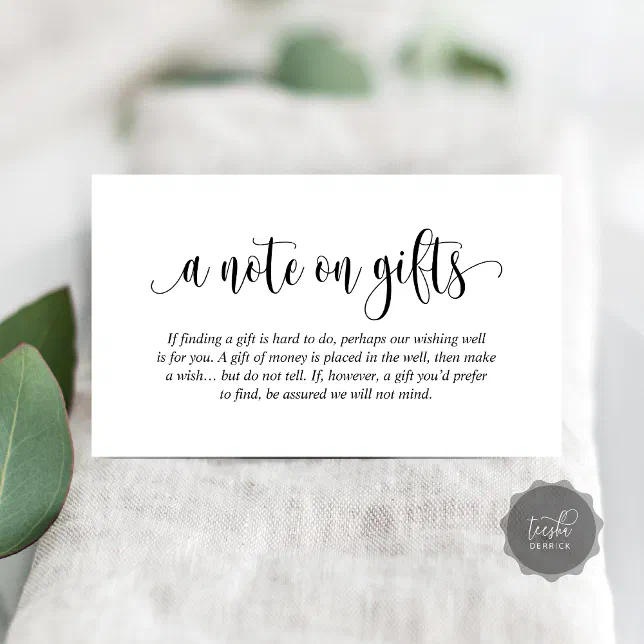 A Note On Wedding Gifts, Modern Elegant Script Enclosure Card | Zazzle