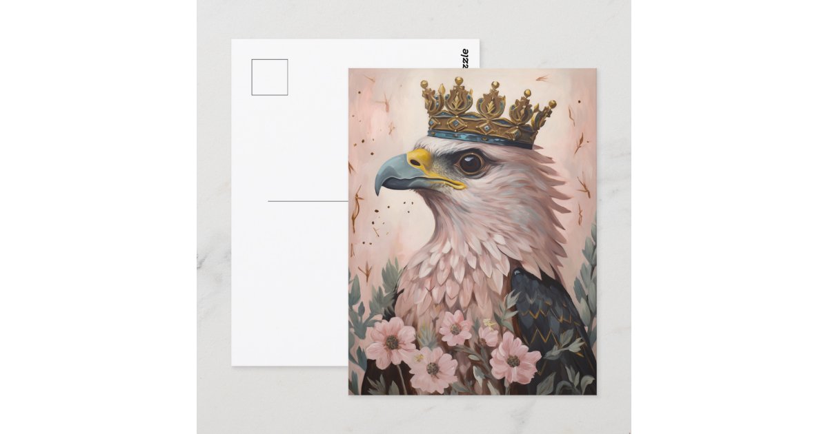 A Painting of a pink hawk with a gold crown Postcard | Zazzle