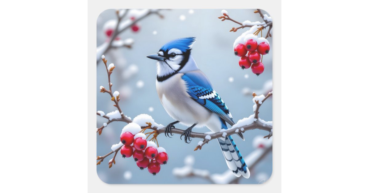 A Pretty Blue Jay on a Snowy Branch Christmas Square Sticker | Zazzle