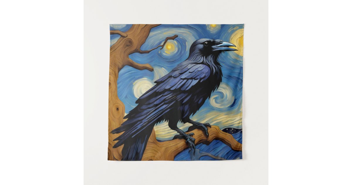 A Raven in an Old Oak Tree Starry Night Tapestry | Zazzle