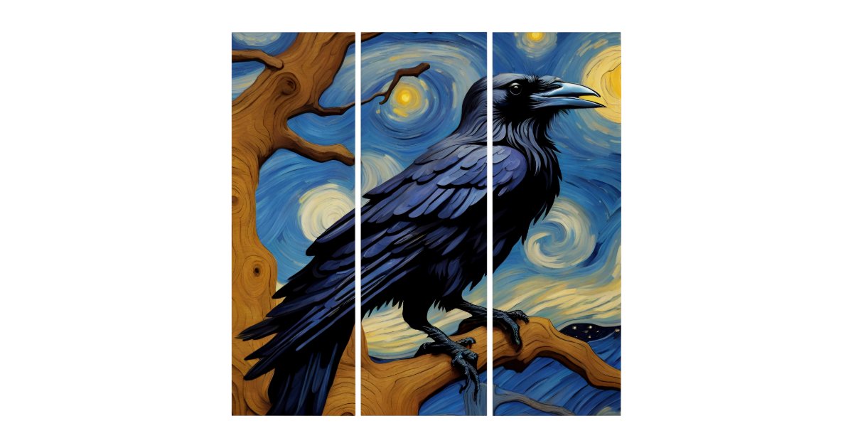 A Raven in an Old Oak Tree Starry Night Triptych | Zazzle