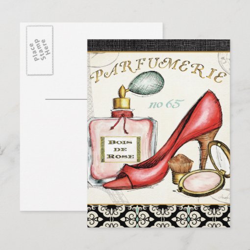 A Red Shoe, A Bottle of Perfume, and Blush Powder Postcard | Zazzle