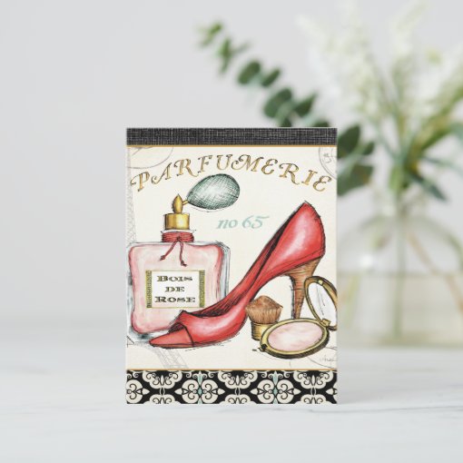 A Red Shoe, A Bottle of Perfume, and Blush Powder Postcard | Zazzle