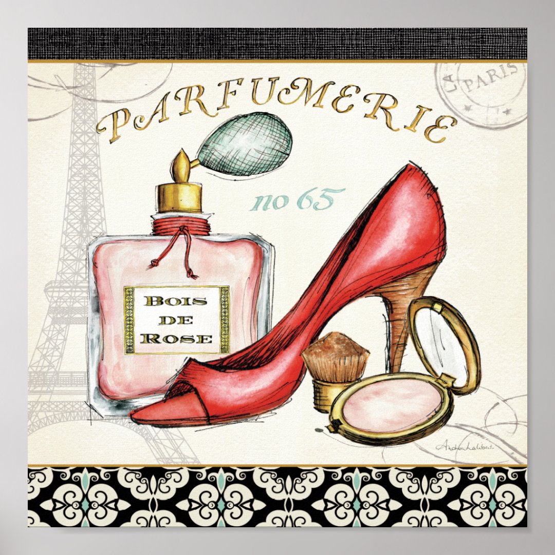 A Red Shoe, A Bottle of Perfume, and Blush Powder Poster | Zazzle