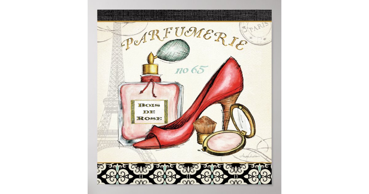 A Red Shoe, A Bottle of Perfume, and Blush Powder Poster | Zazzle