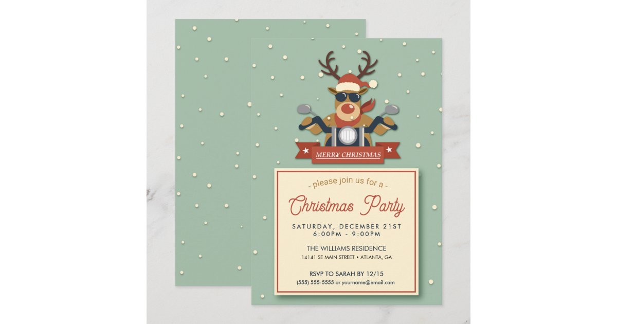 A reindeer wearing sunglasses riding motorcycle invitation | Zazzle