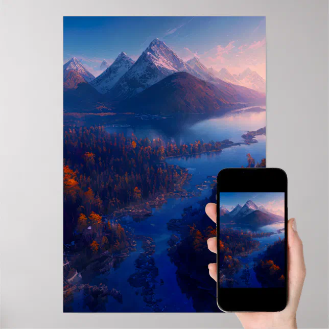 A River Flowing into a Scenic Mountain Lake Poster | Zazzle