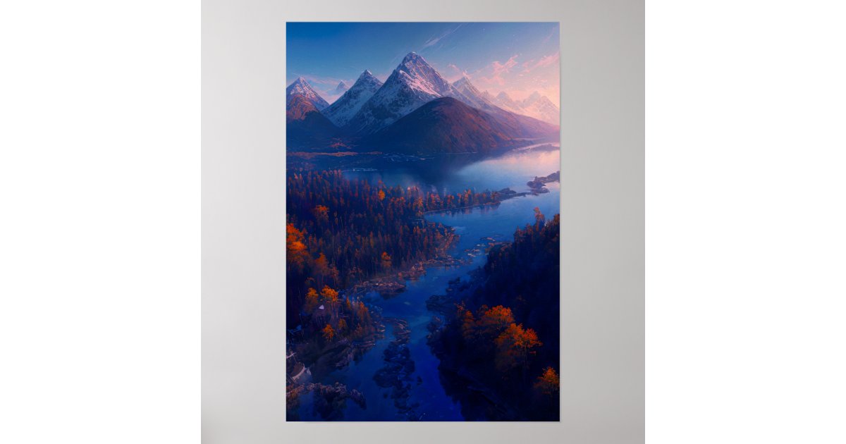 A River Flowing into a Scenic Mountain Lake Poster | Zazzle