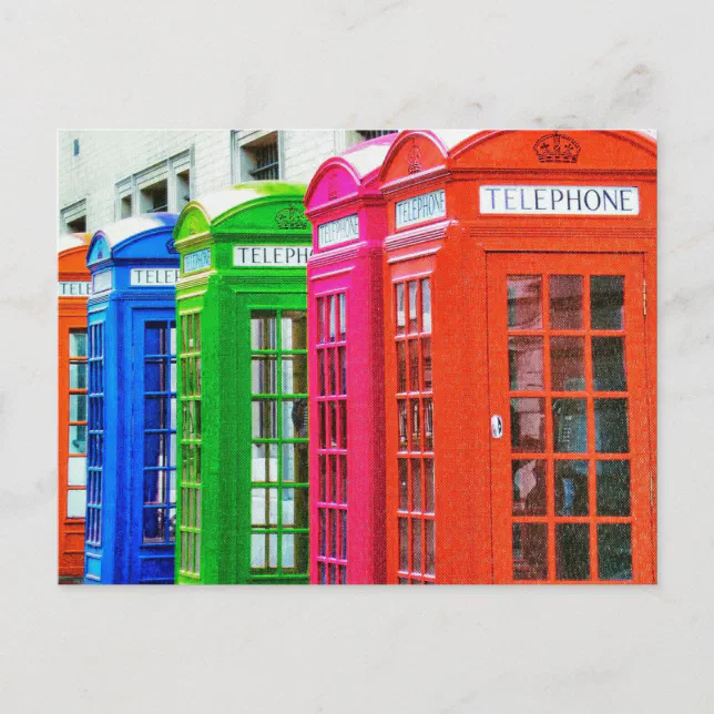A Row of Brightly Colored Telephone Boxes Postcard | Zazzle