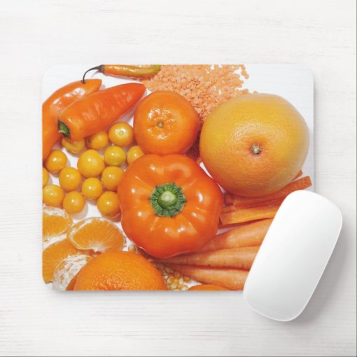 A selection of orange fruits & vegetables. mouse pad | Zazzle