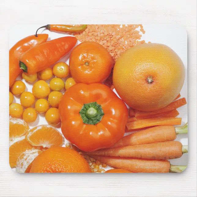 A selection of orange fruits & vegetables. mouse pad | Zazzle