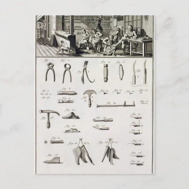 A shoe and bootmaker and their tools, from the 'En Postcard | Zazzle