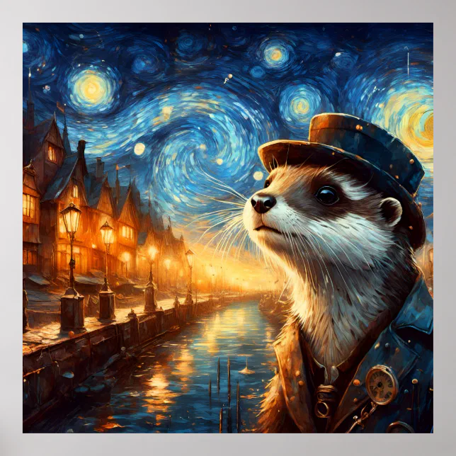 A Steampunk Otter in The Starry Night Poster | Zazzle