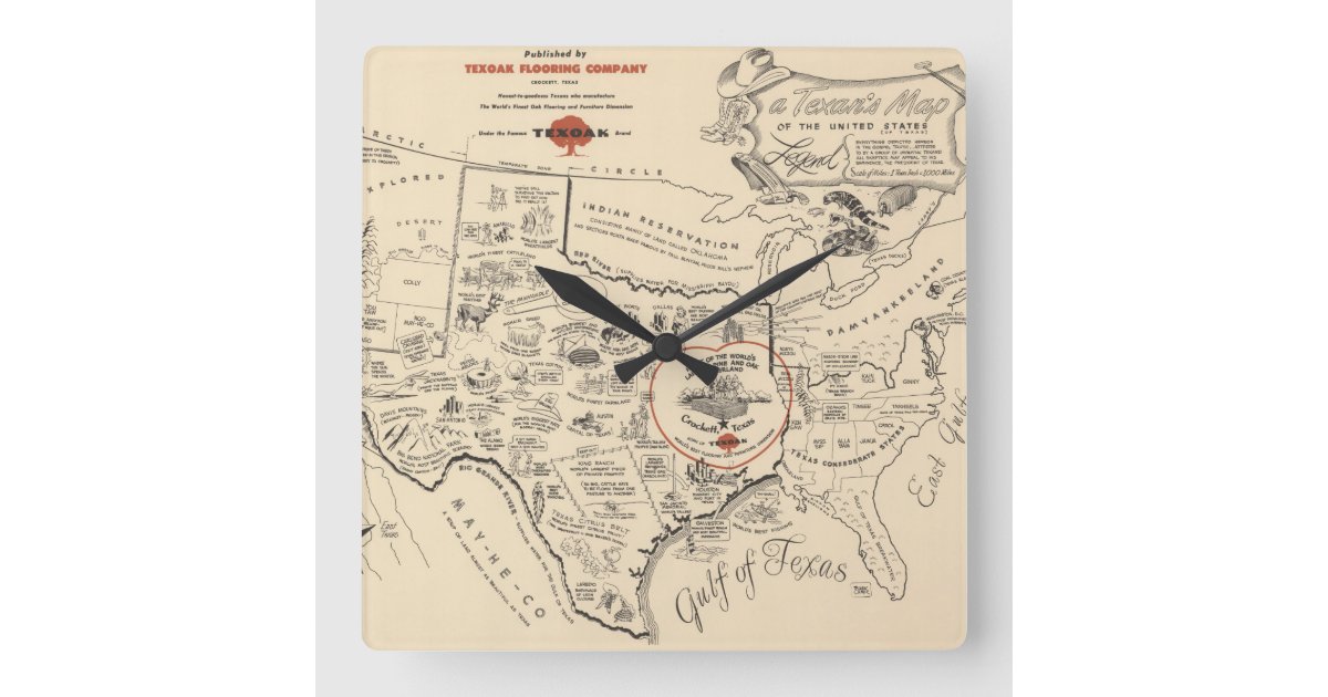 A Texan's Map of the United States (of Texas) Square Wall Clock | Zazzle