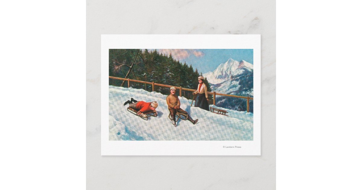 A Toboggan Sledding Scene Postcard | Zazzle