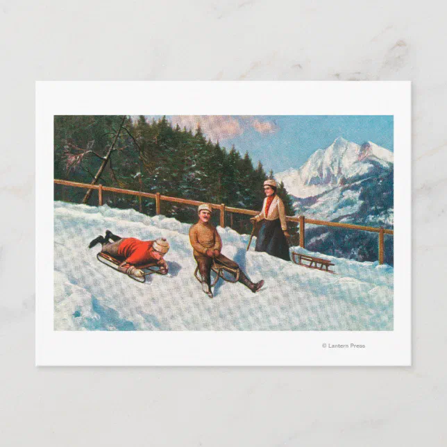 A Toboggan Sledding Scene Postcard | Zazzle