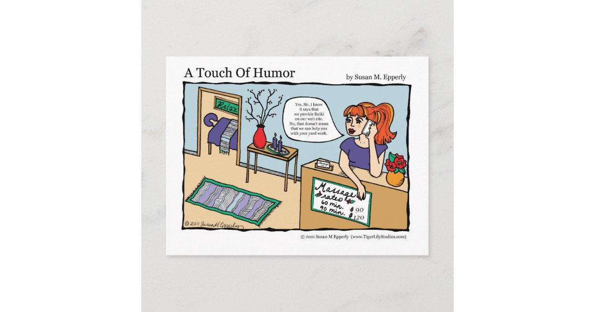 "A Touch of Humor" Reiki Energy Work Massage Comic Postcard | Zazzle