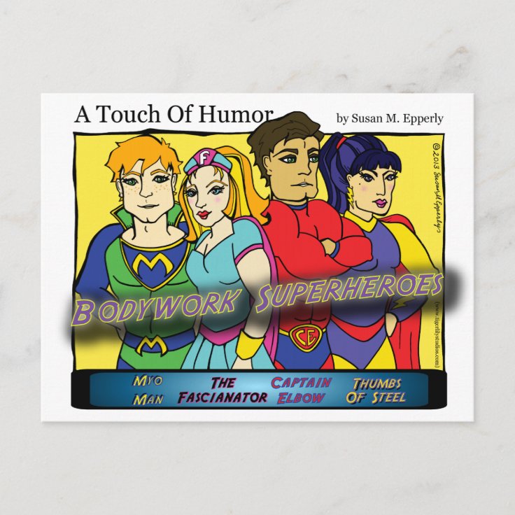 "A Touch of Humor" Super Massage Heroes Comic Postcard | Zazzle