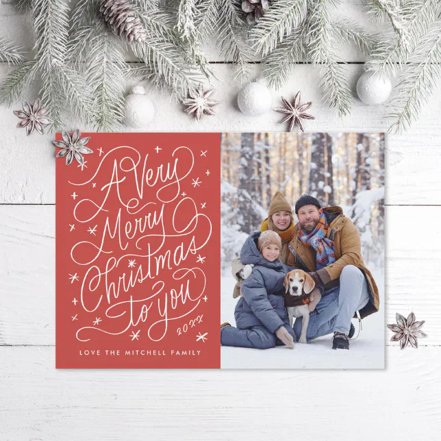 A Very Merry Christmas Hand-Lettering Photo Holiday Card | Zazzle