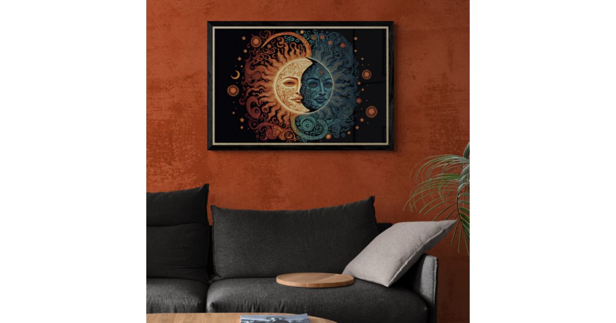 A Vintage Style Psychedelic Sun and Moon Ai Art Poster | Zazzle