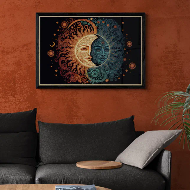 A Vintage Style Psychedelic Sun and Moon Ai Art Poster | Zazzle