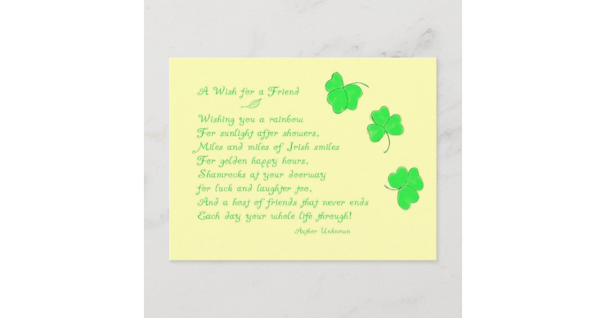 A Wish for a Friend-Irish Poem+Shamrocks Postcard | Zazzle