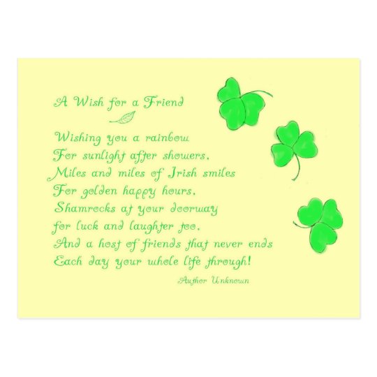 A Wish for a Friend-Irish Poem+Shamrocks Postcard | Zazzle.com