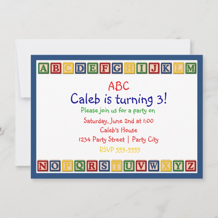 ABC Alphabet Blocks 1st Baby Birthday Invitation | Zazzle
