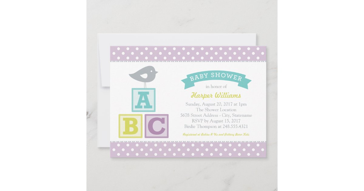 ABC Alphabet Blocks Lavender Purple Baby Shower Invitation | Zazzle