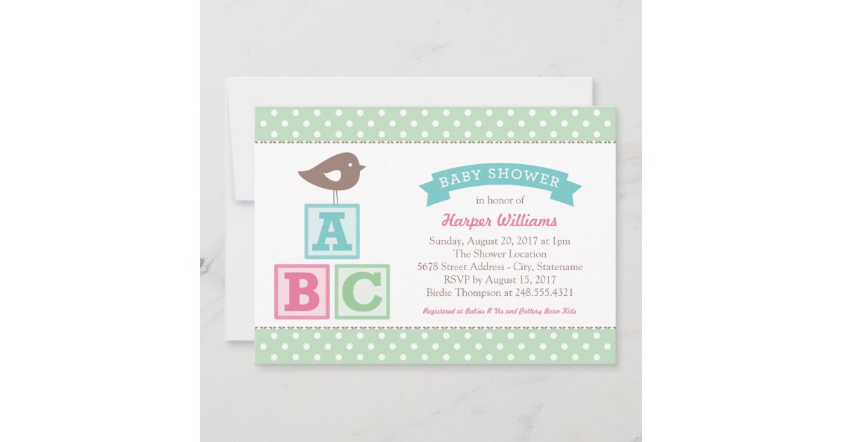 ABC Alphabet Blocks Mint Green Baby Shower Invitation | Zazzle