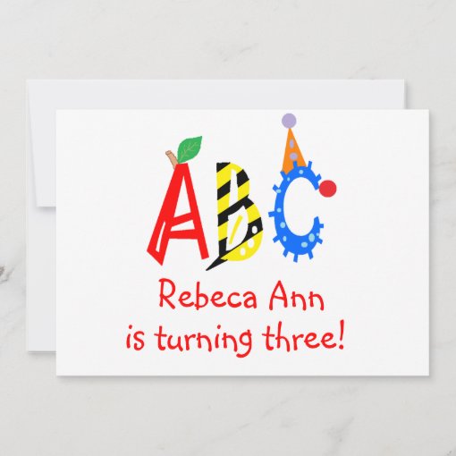 ABC Turning 3 Third Birthday Party Invitaitons Invitation | Zazzle