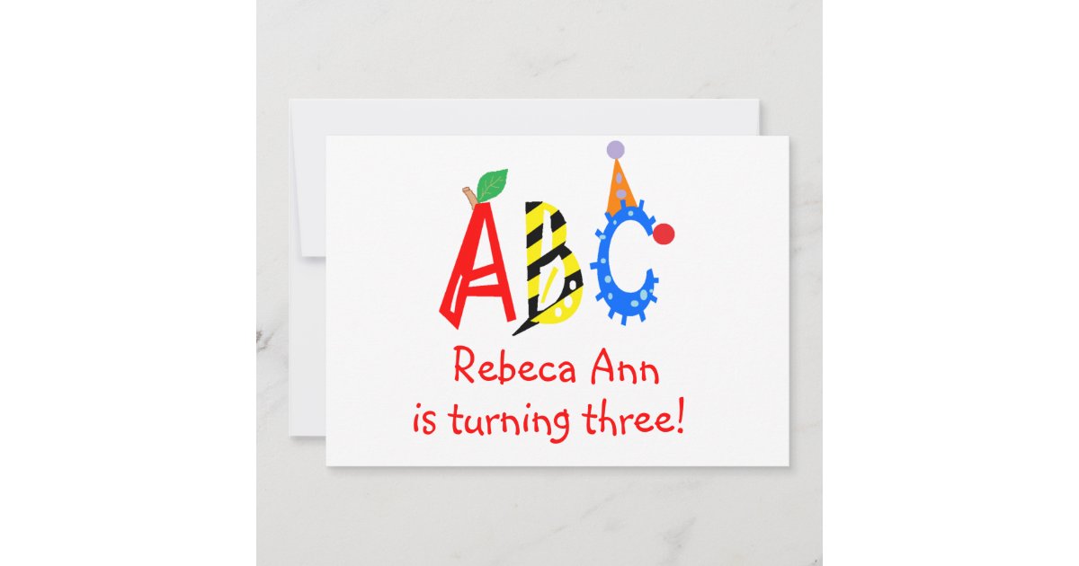 ABC Turning 3 Third Birthday Party Invitaitons Invitation | Zazzle