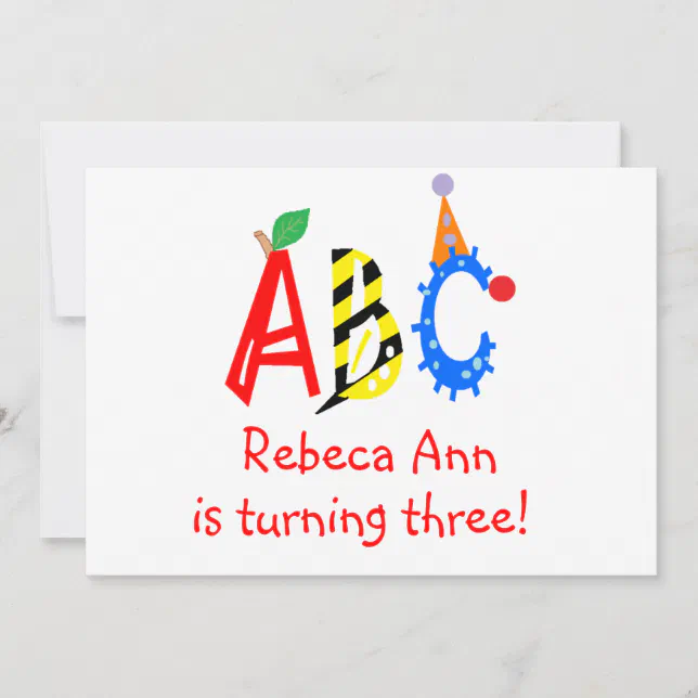ABC Turning 3 Third Birthday Party Invitaitons Invitation | Zazzle