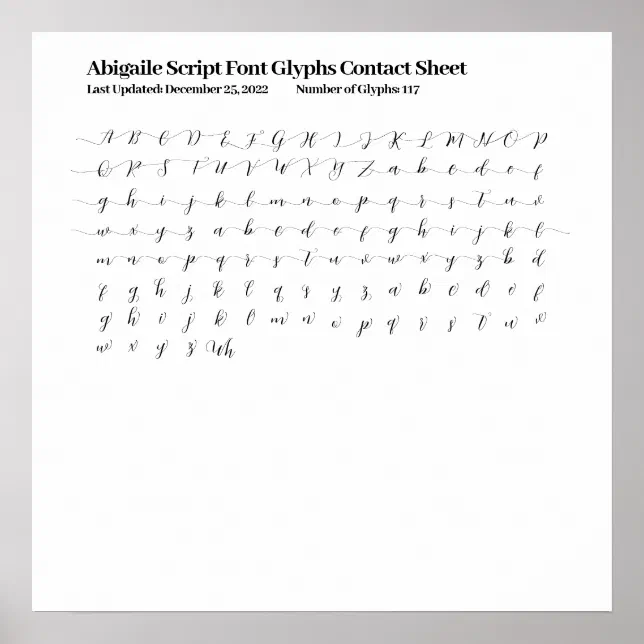 Abigaile Script Font Glyphs Contact Sheet Poster | Zazzle