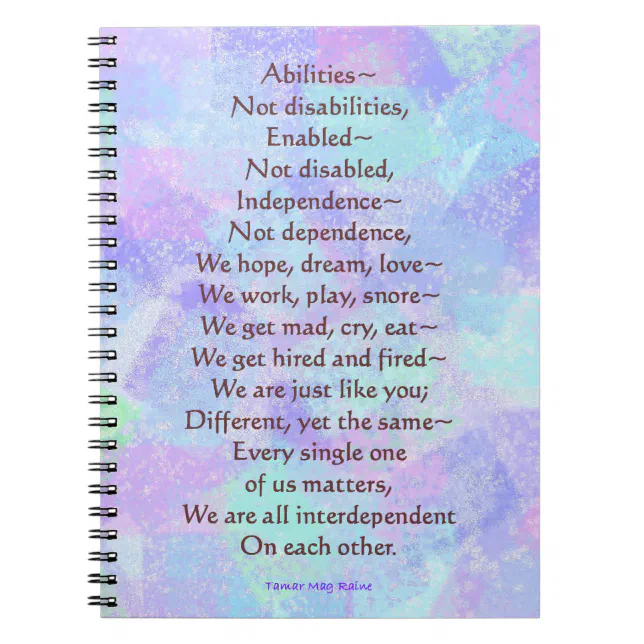 Abilities Not Disabilities Poem 80 page Notebook | Zazzle
