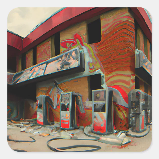 Abstract Abandoned Gas Station Ai Art Square Sticker | Zazzle
